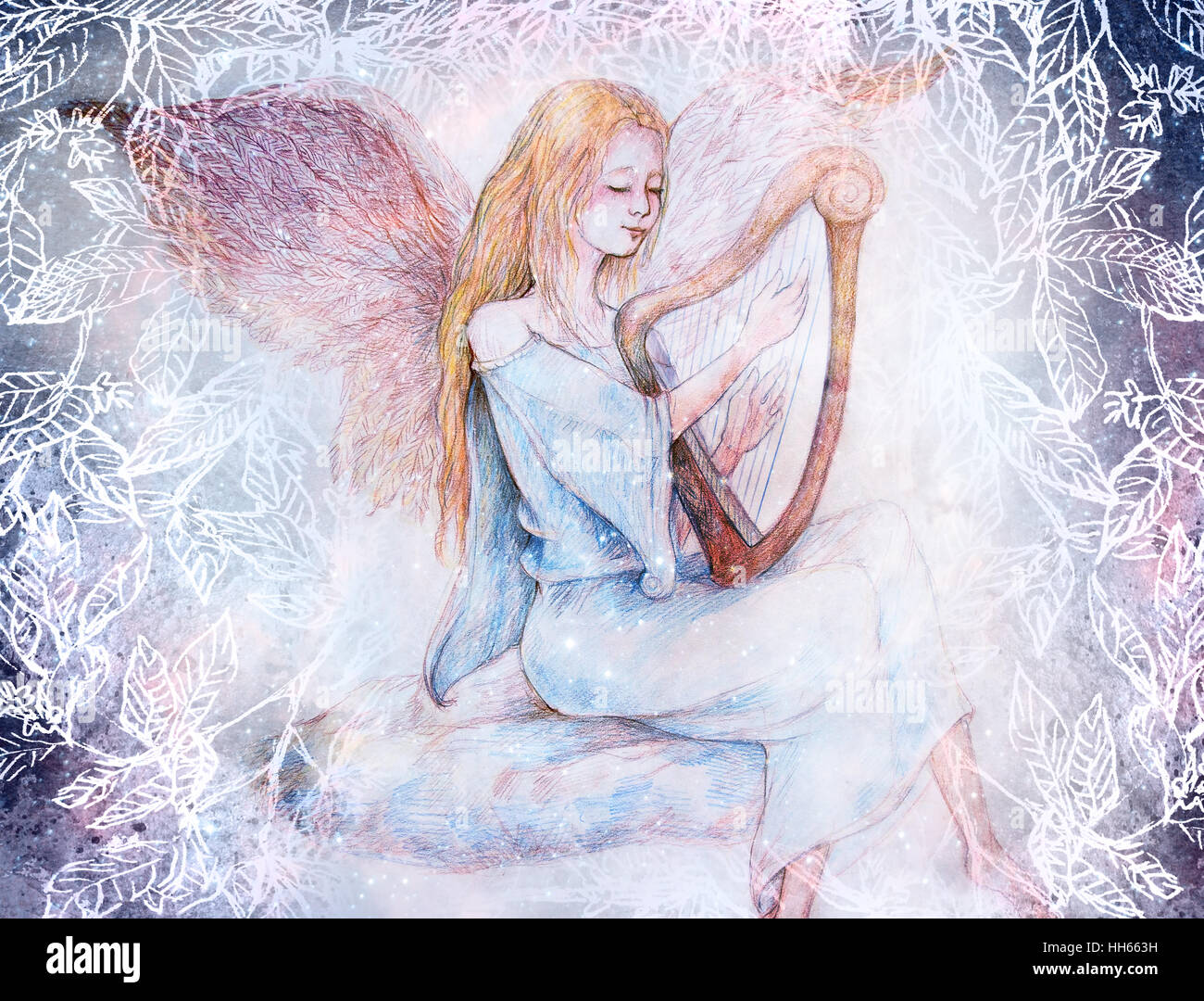 beautiful gentle angel playing harp sitting on cloud, collage with leaf ...