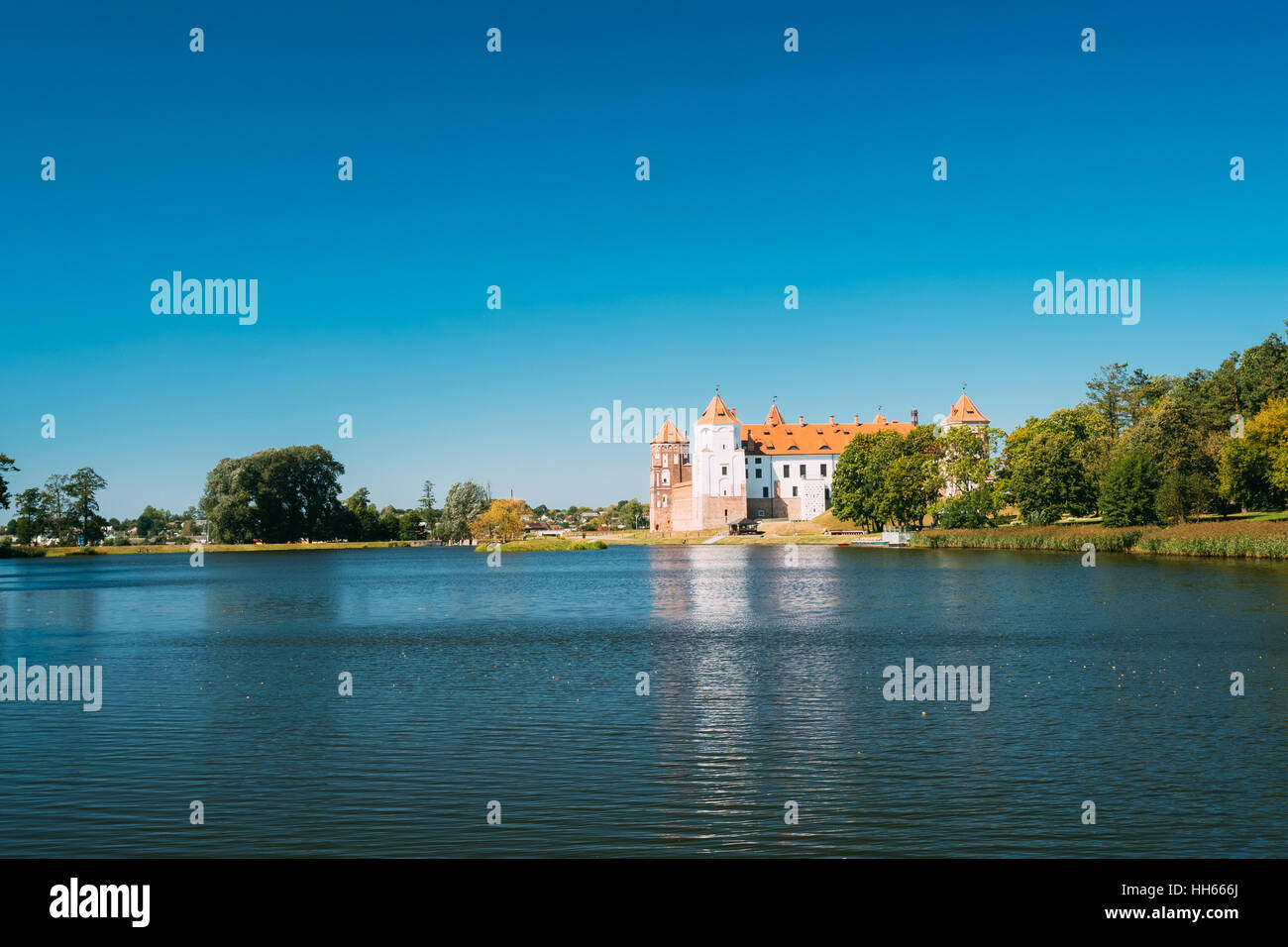 Mir, Belarus. Scenic View Of Mir Castle Complex From Side Of Lake ...