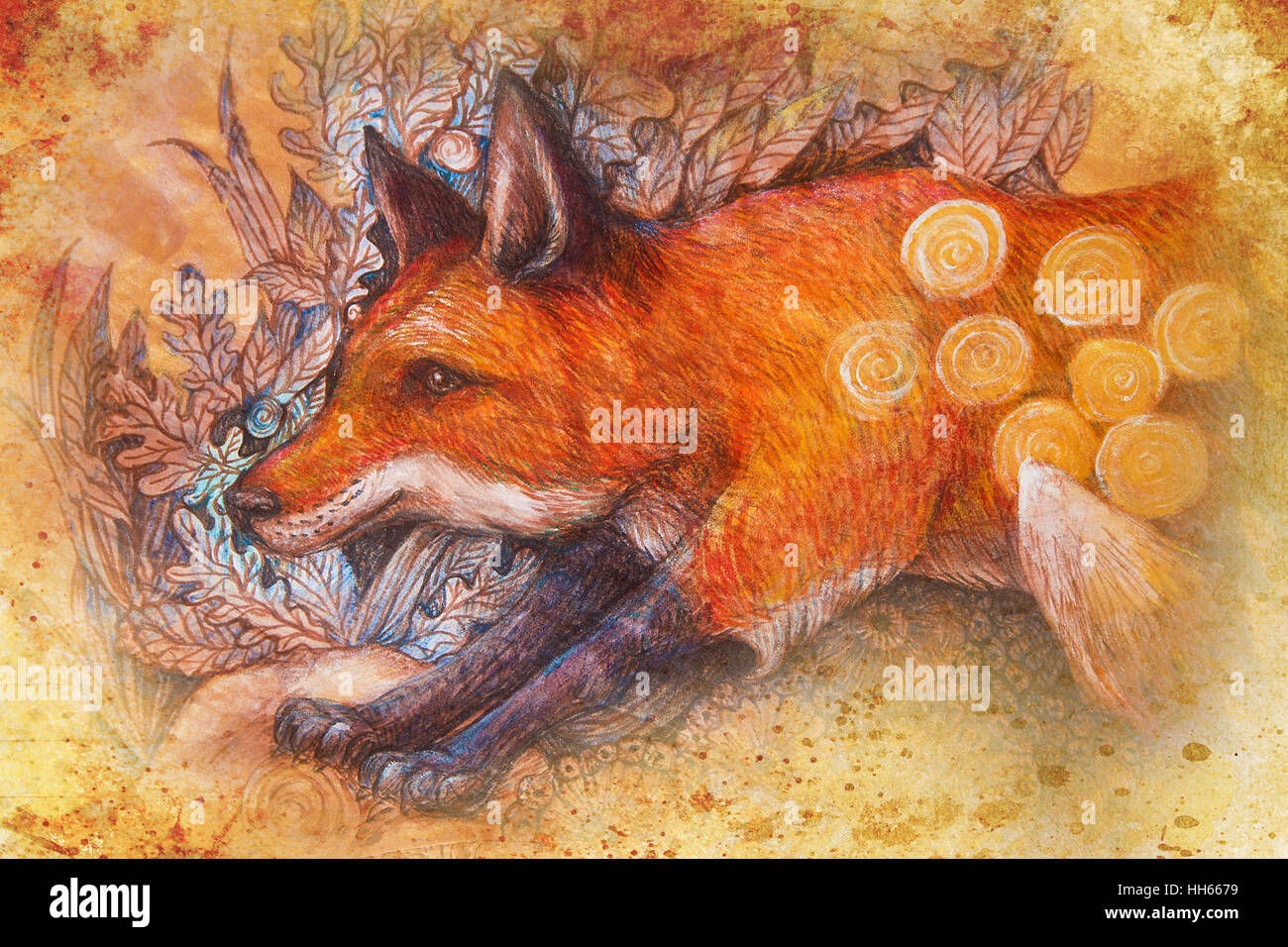 red fox portrait, colorful painting with ornamental background Stock ...