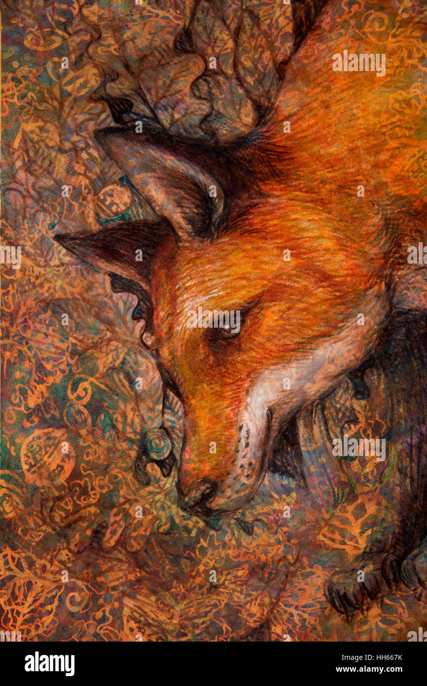 red fox portrait, colorful painting with ornamental background Stock ...