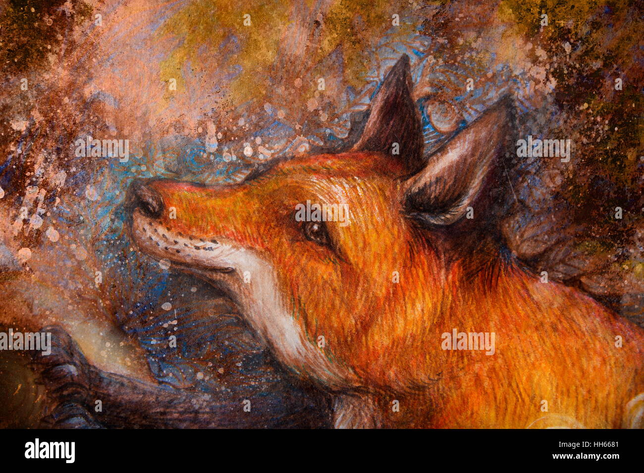 red fox portrait, colorful painting with ornamental background Stock ...