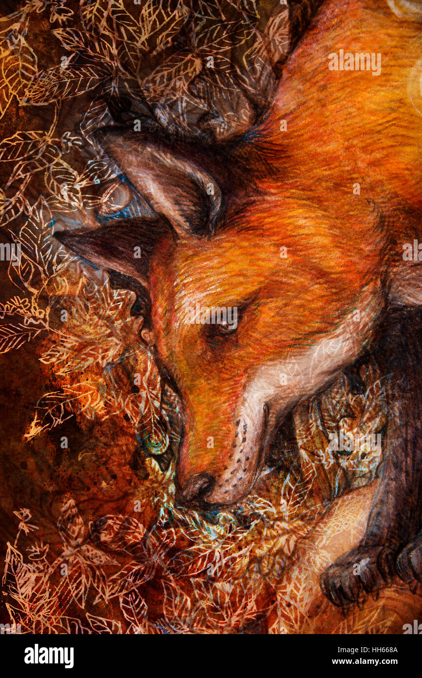 red fox portrait, colorful painting with ornamental background Stock ...
