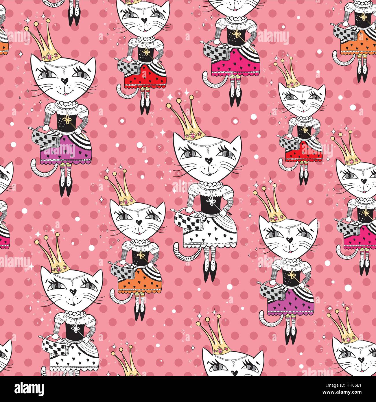 Cute royal girly texture with funny character on pink polka dot ...