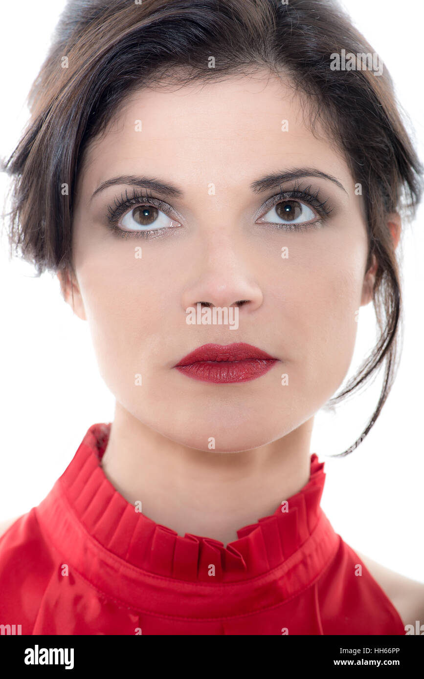 one beautiful looking up serious woman portrait in studio isolated on ...