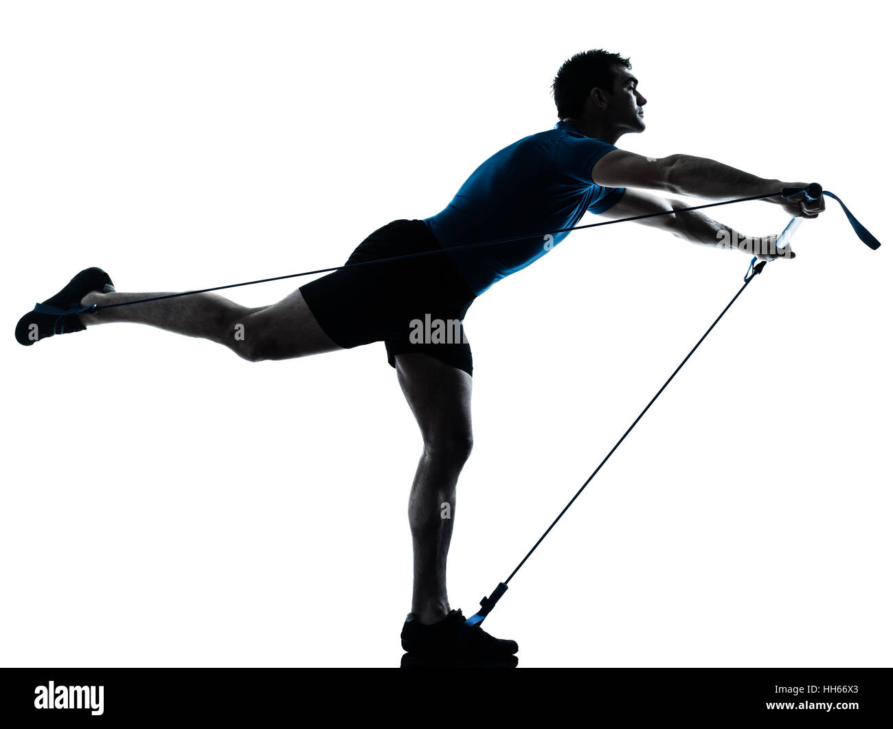 one caucasian man exercising gymstick workout fitness in silhouette ...