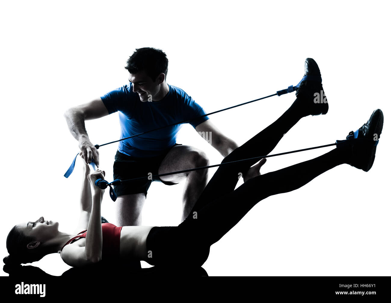 personal trainer man coach and woman exercising gymstick silhouette ...