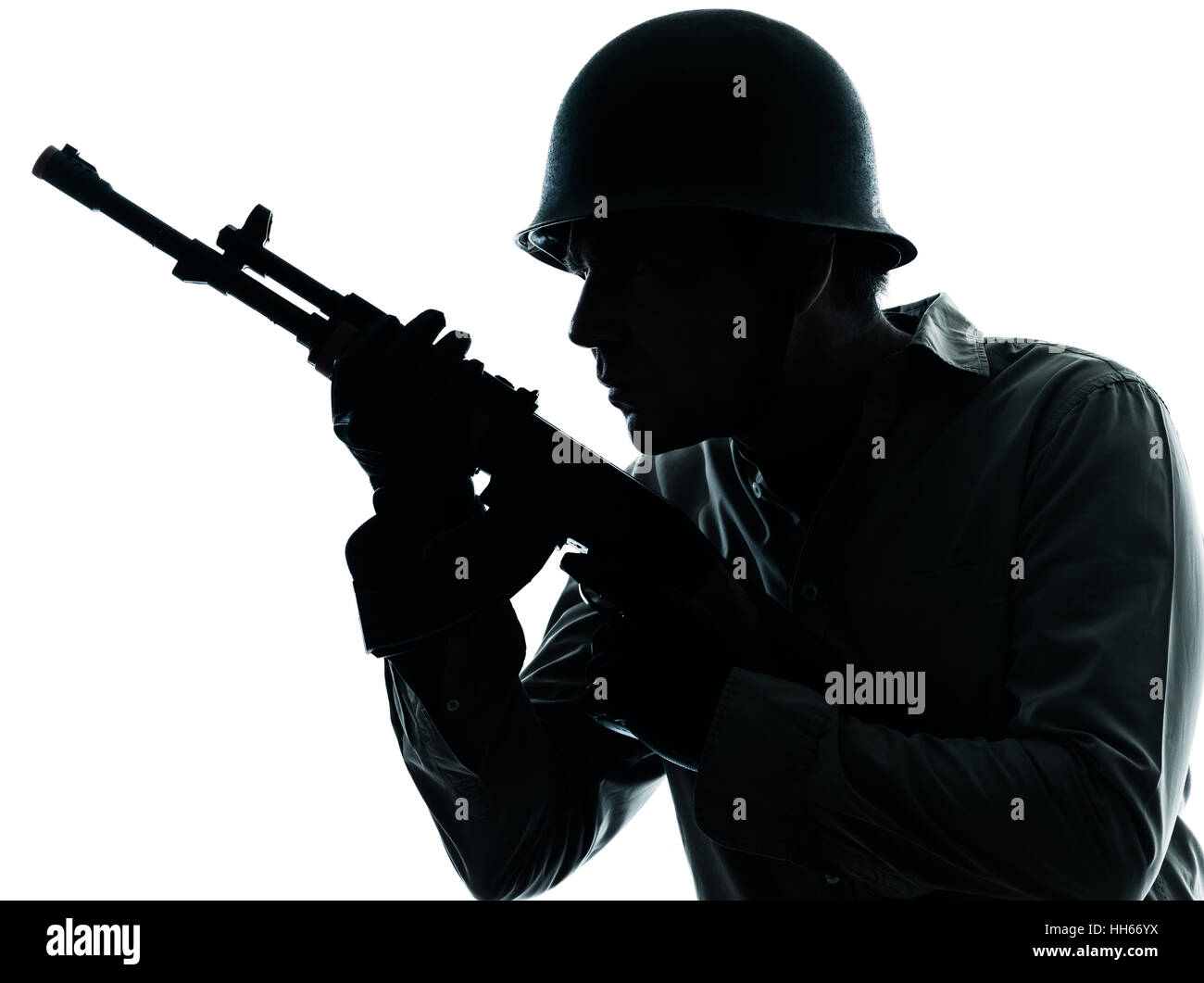 one caucasian army soldier man portrait on guard on studio isolated on ...