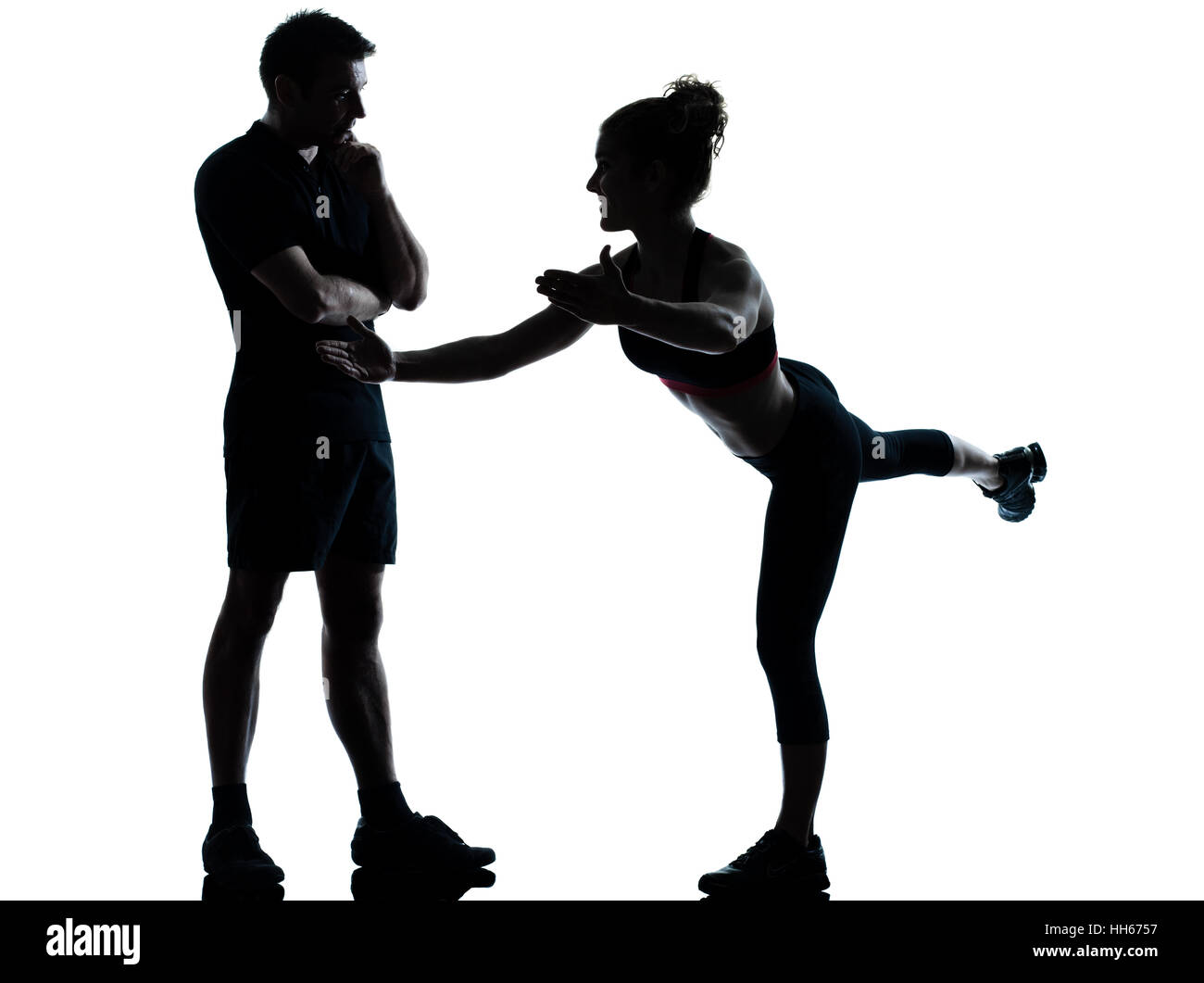 one couple man woman exercising workout aerobic fitness posture full ...