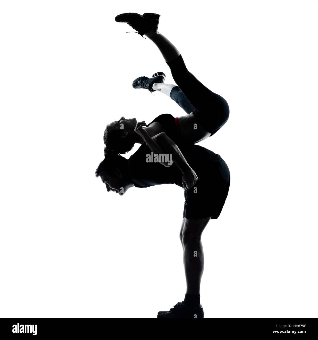 one couple man woman exercising workout aerobic fitness posture full ...