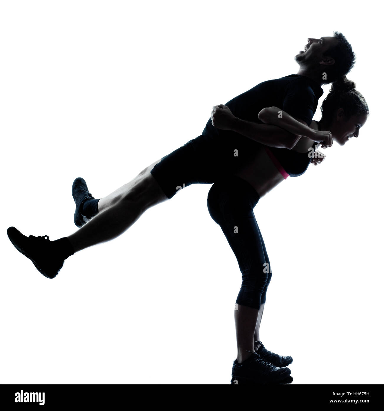 one couple man woman exercising workout aerobic fitness posture full ...