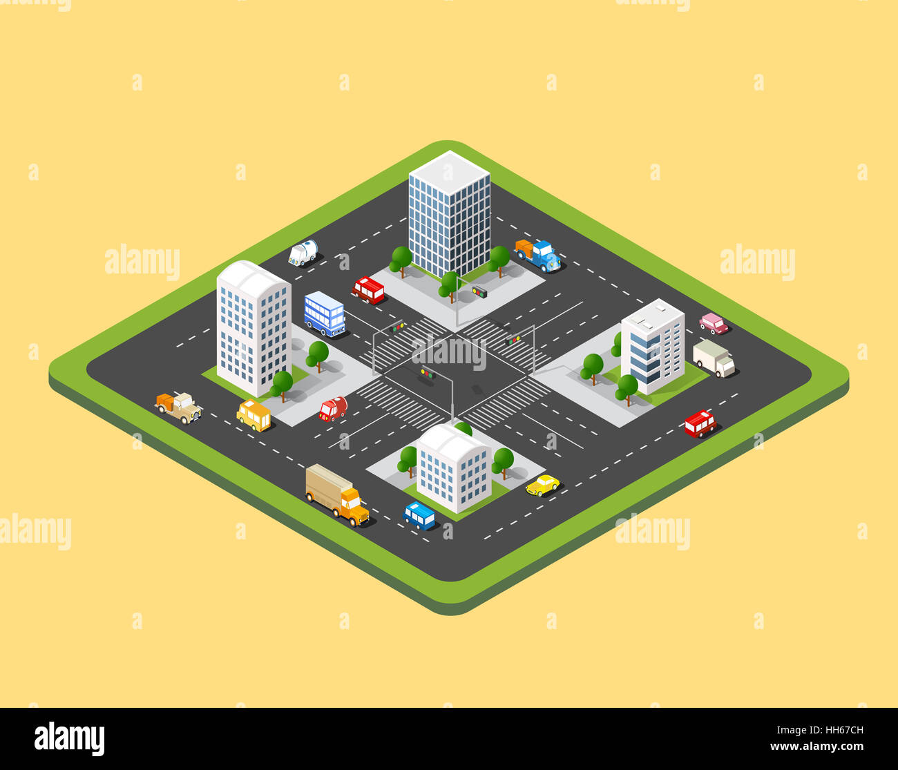 The 3D crossroads of the big city with pedestrian crossings and traffic ...