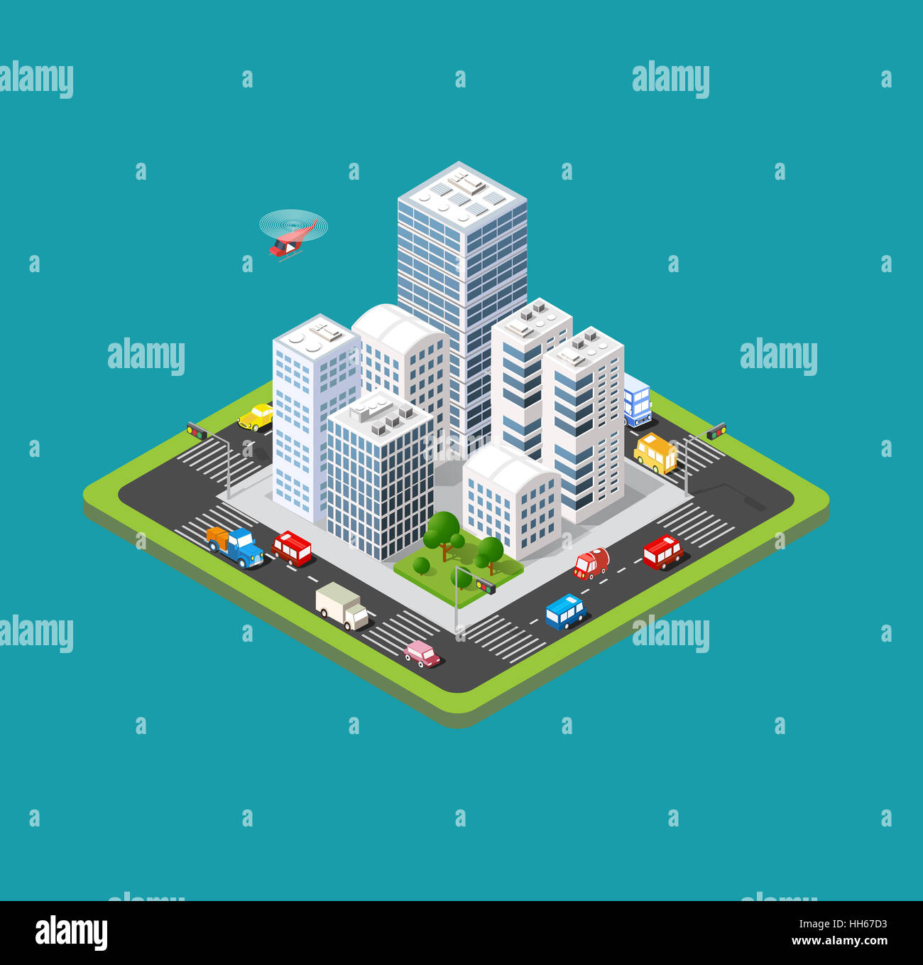 Flat 3d isometric urban city concept. Township center map with ...