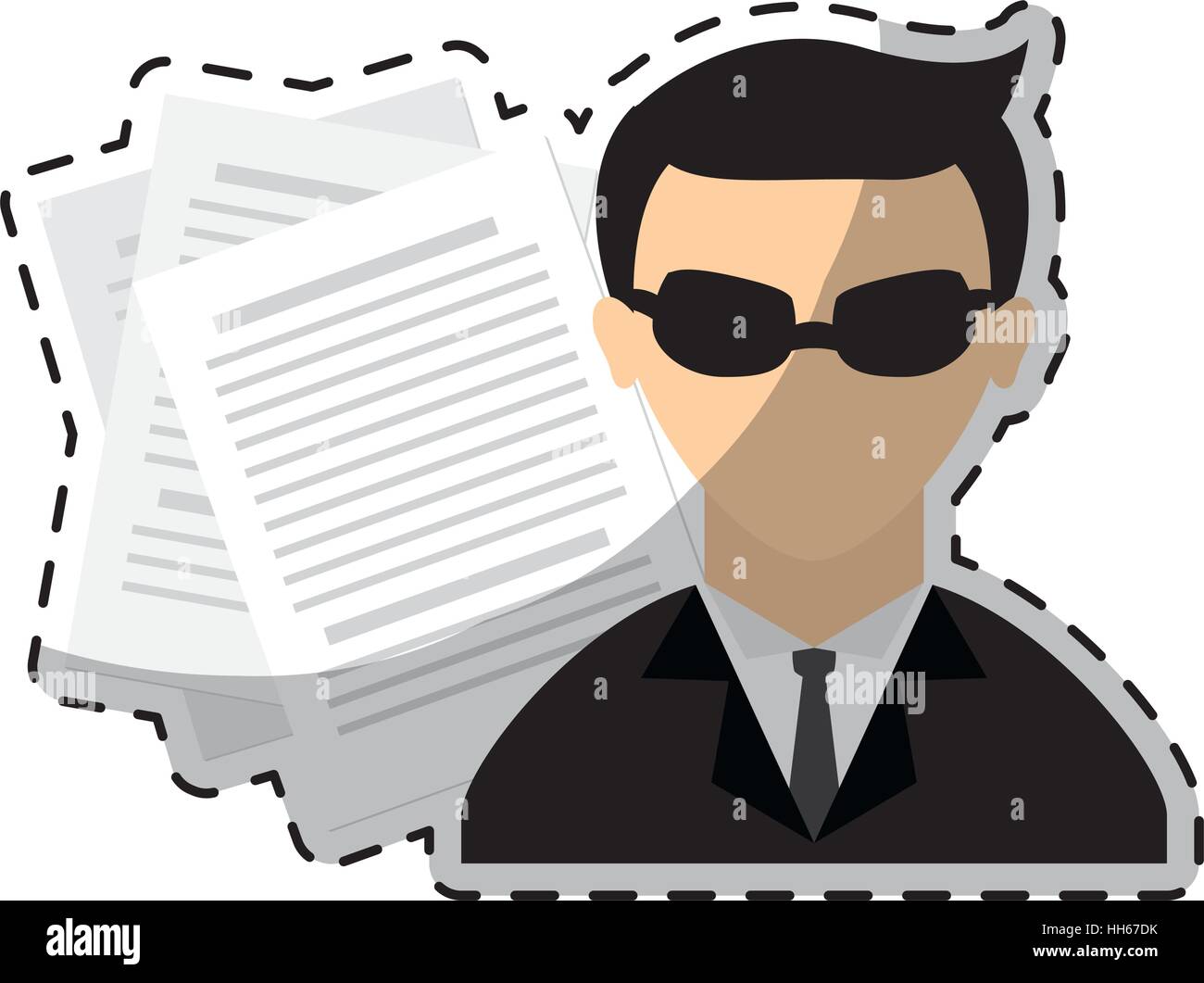 document pages and hacker avatar character icon over white background ...