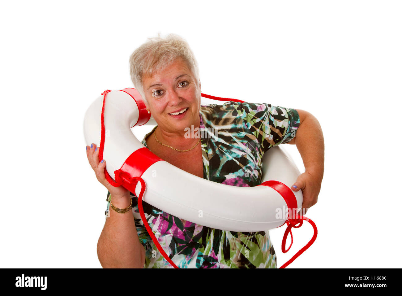 Female senior with life belt isolated on white background Stock Photo ...