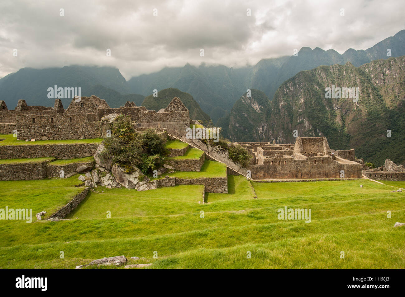The ancient city of Machu Picchu, Peru. Overlooking ruins on the Inca ...