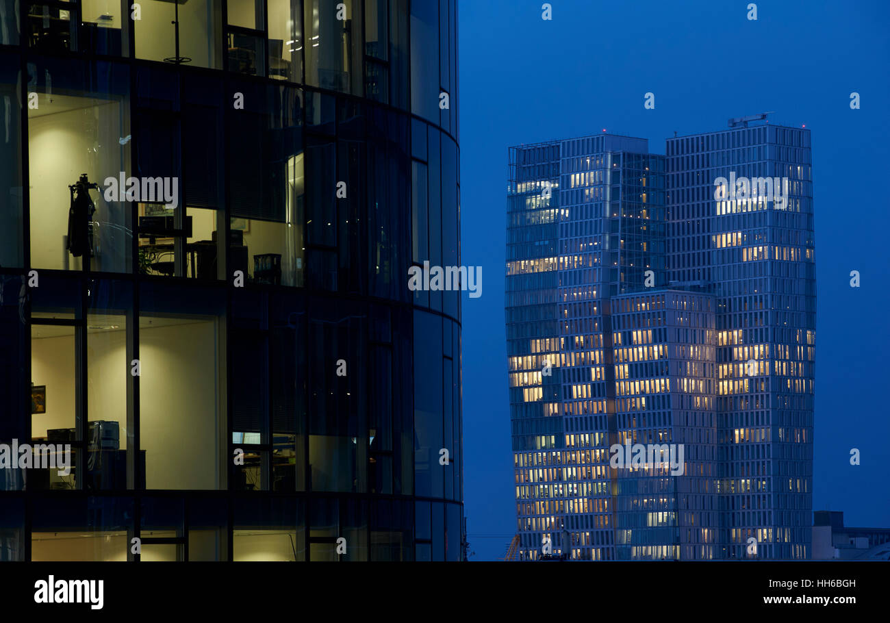 Illuminated high-rise office buildings,Frankfurt am Main Stock Photo ...