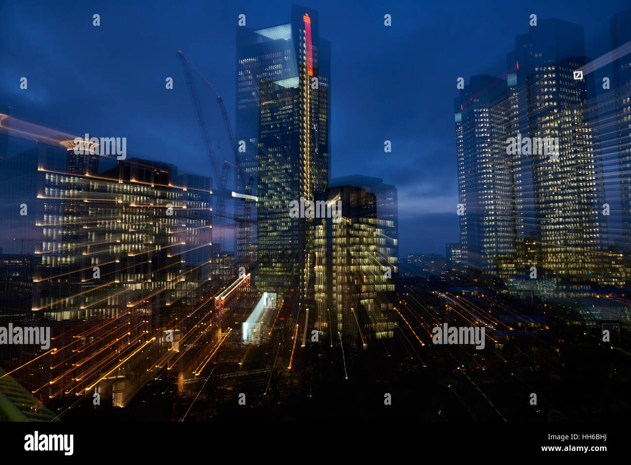 Illuminated high-rise office buildings,zoomed,Frankfurt am Main Stock ...