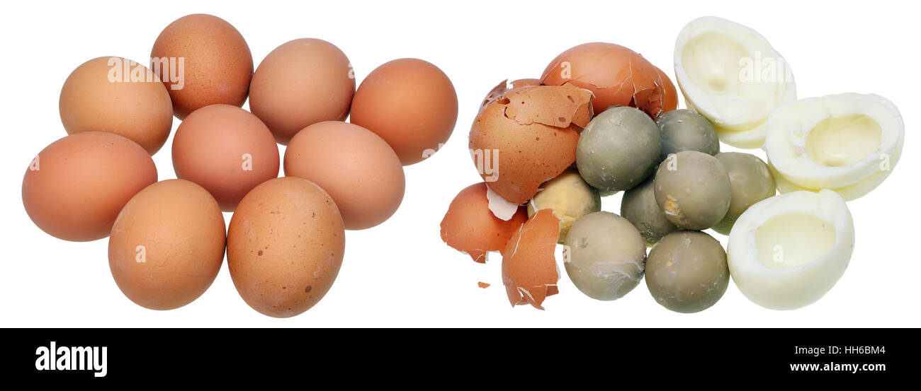 These are boiled whole eggs, whites, yolks and an egg shell. Isolated ...