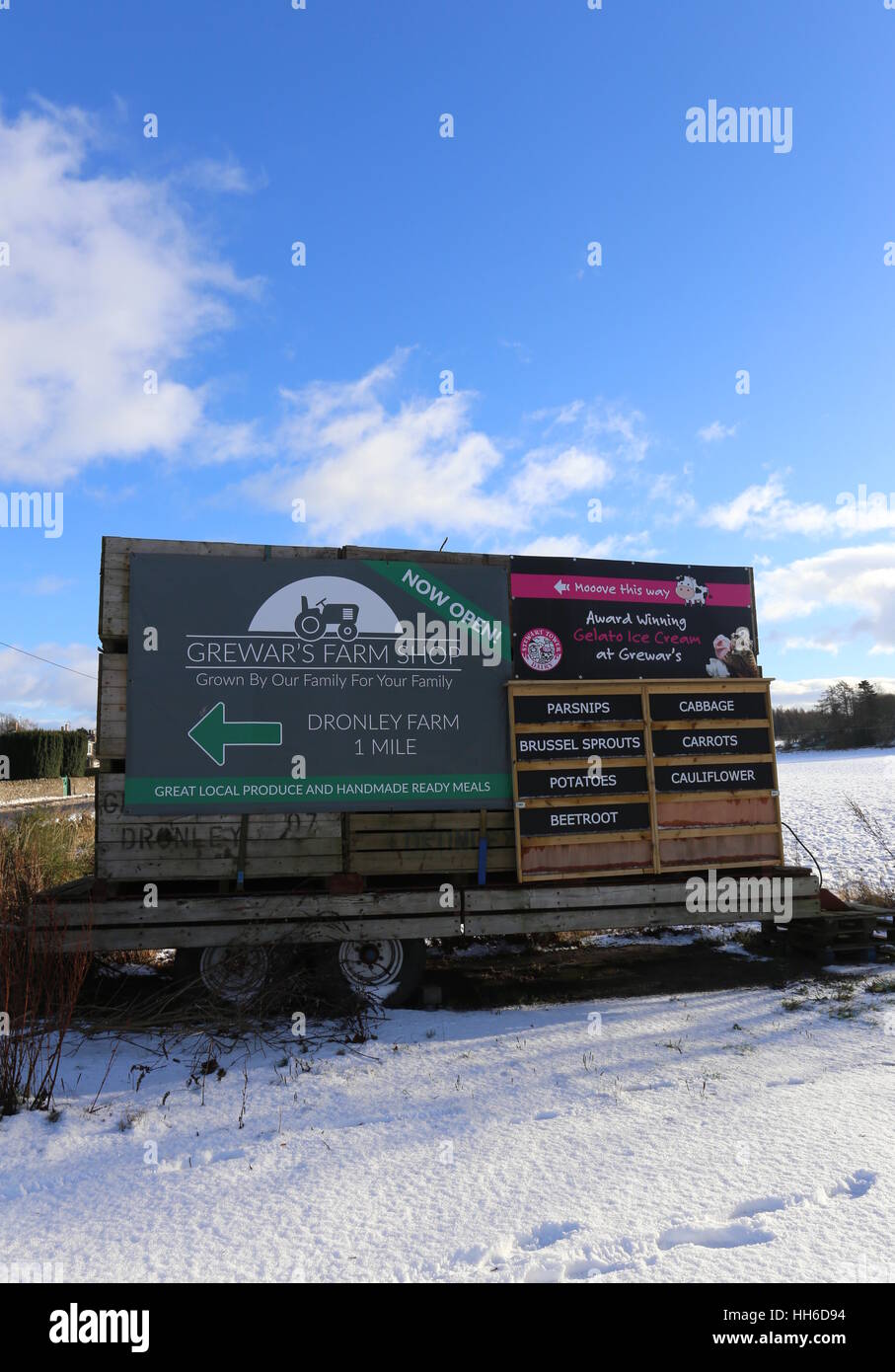Sign for Grewar's Farm Shop Birkhill Angus Scotland January 2017 Stock ...