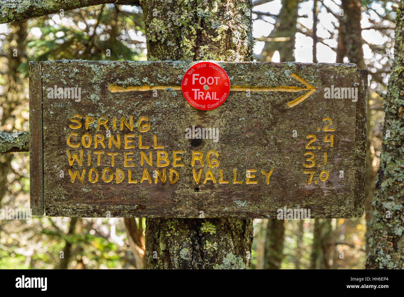 An aged trail sign on the back side of Slide Mountain on the Slide ...