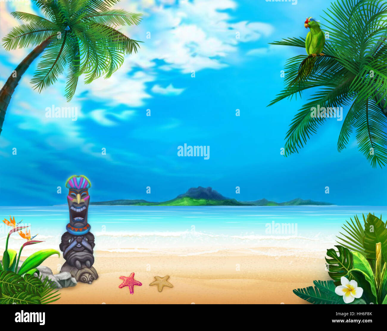 Hawaiian landscape with funny god and green parrot Stock Photo - Alamy