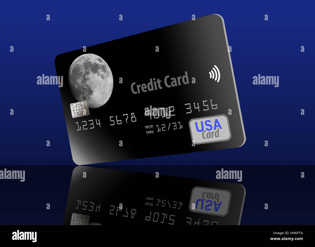 Black credit card with image of the moon. Sky and stars in background ...