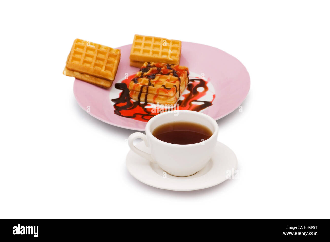 Tea and belgian waffles isolated on the white Stock Photo - Alamy