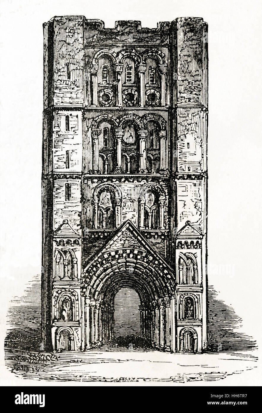 Saxon Tower at Bury St Edmunds Suffolk. Victorian woodcut circa 1845 ...
