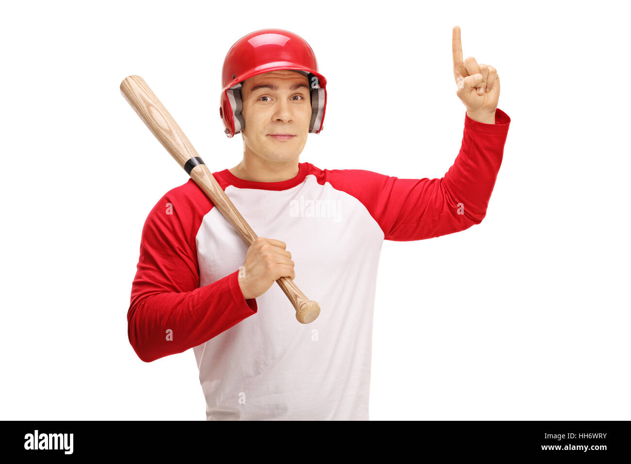 Baseball player with a bat pointing up isolated on white background ...