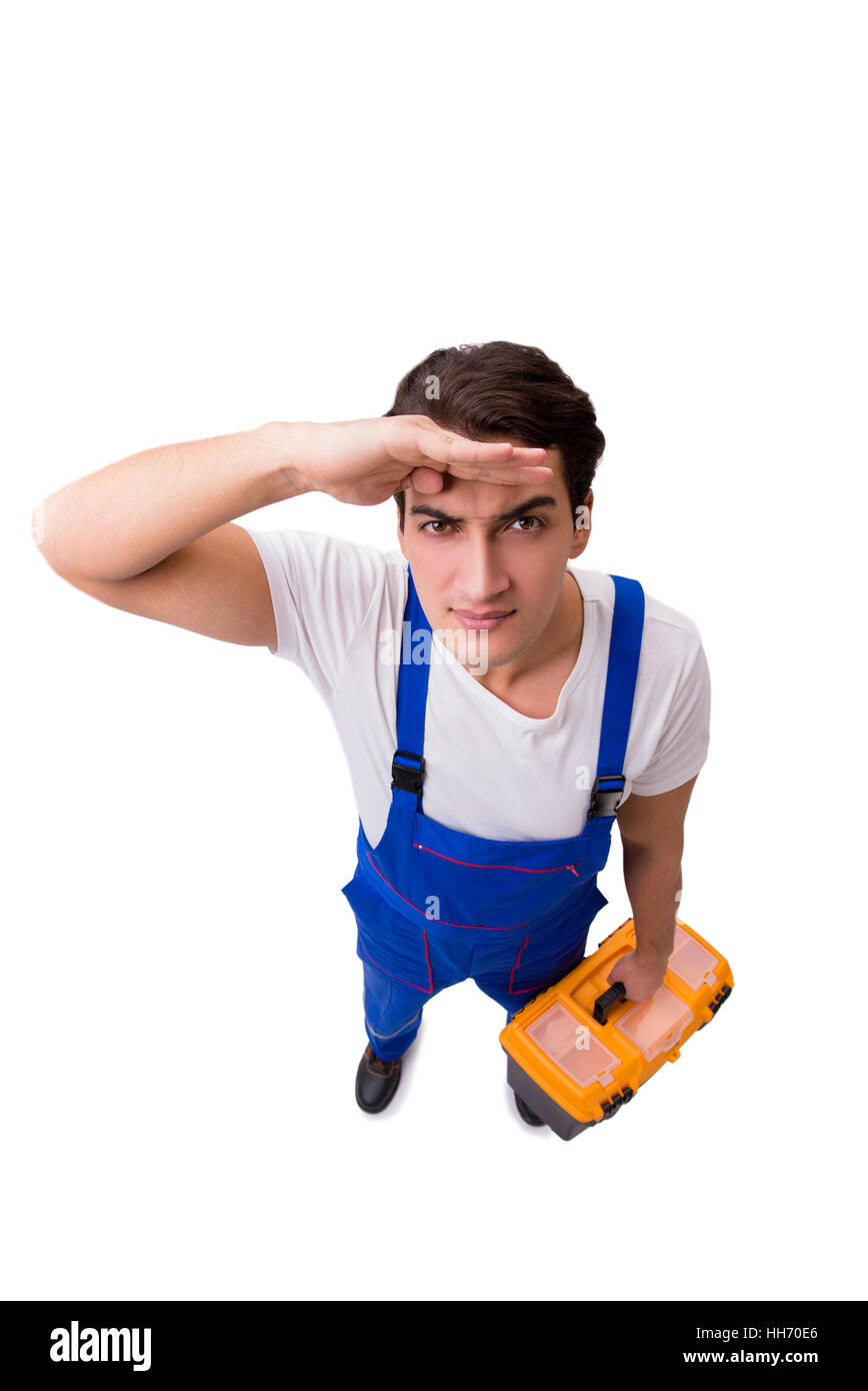 Funny repairman with tools isolated on white Stock Photo - Alamy