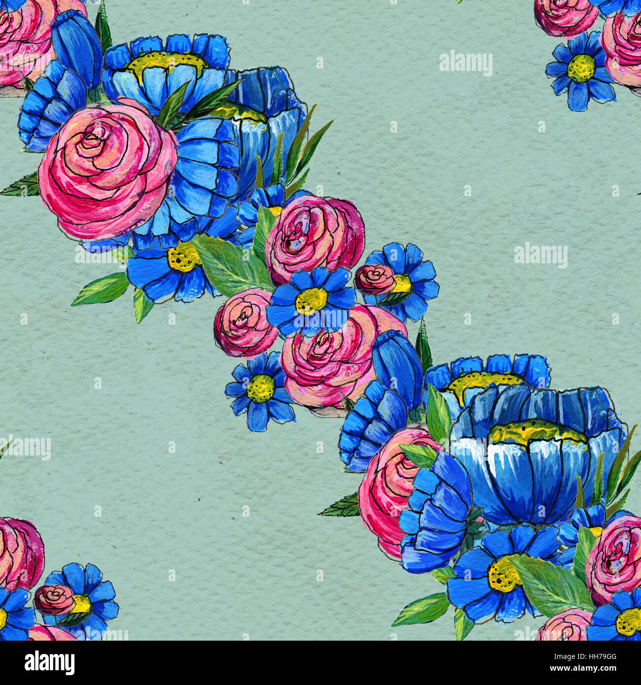 Seamless pattern with blue and pink flowers Stock Photo - Alamy