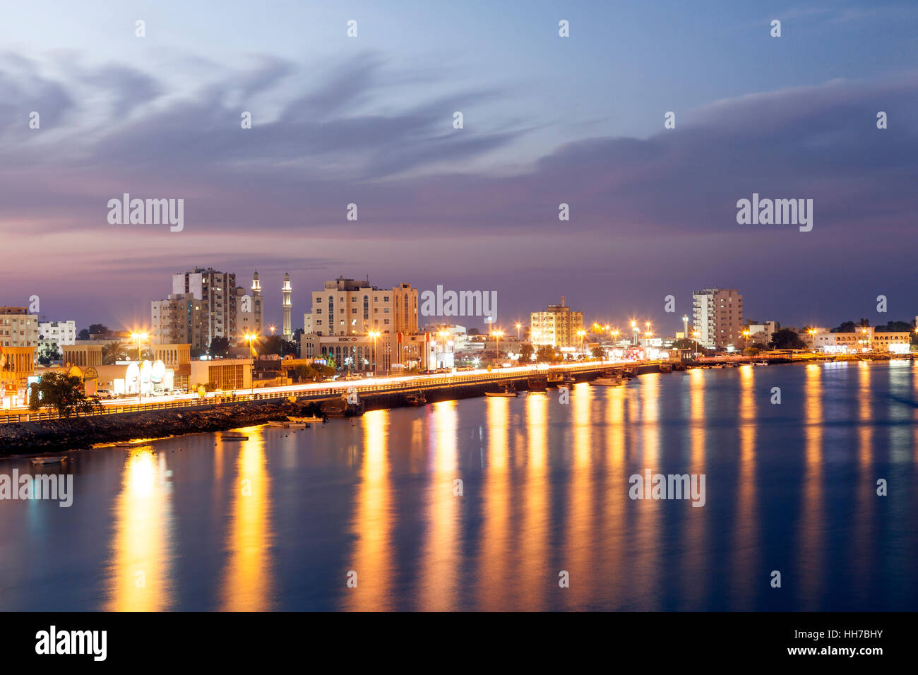 Ras al Khaimah creek and corniche illuminated at night Stock Photo - Alamy