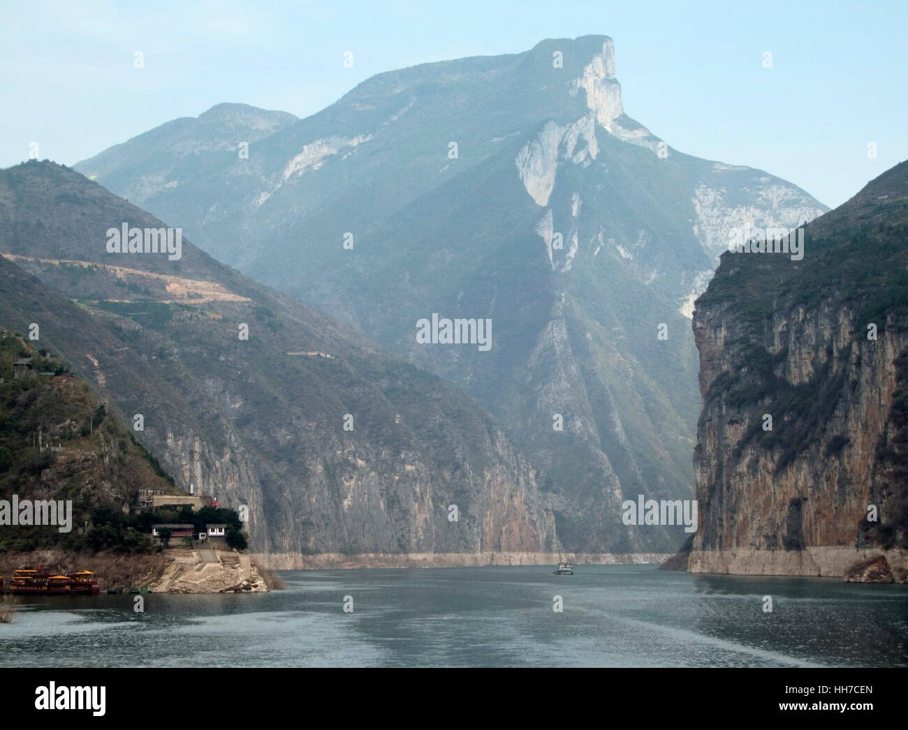 waterside scenery along the Yangtze River in China including mountains ...