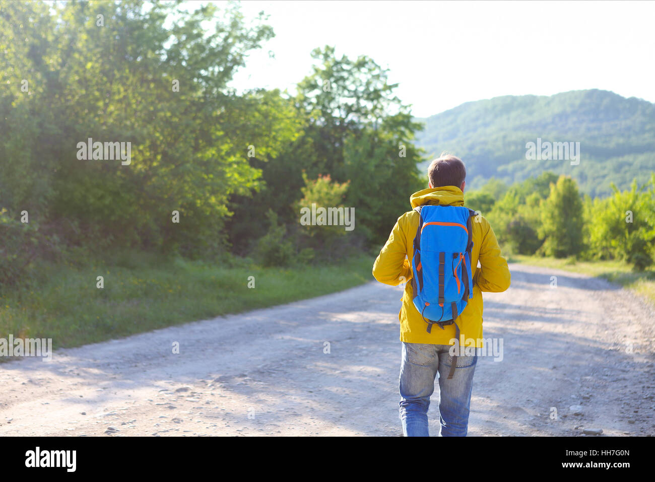Rear view of man with backpack hiking in mountain forest Stock Photo ...