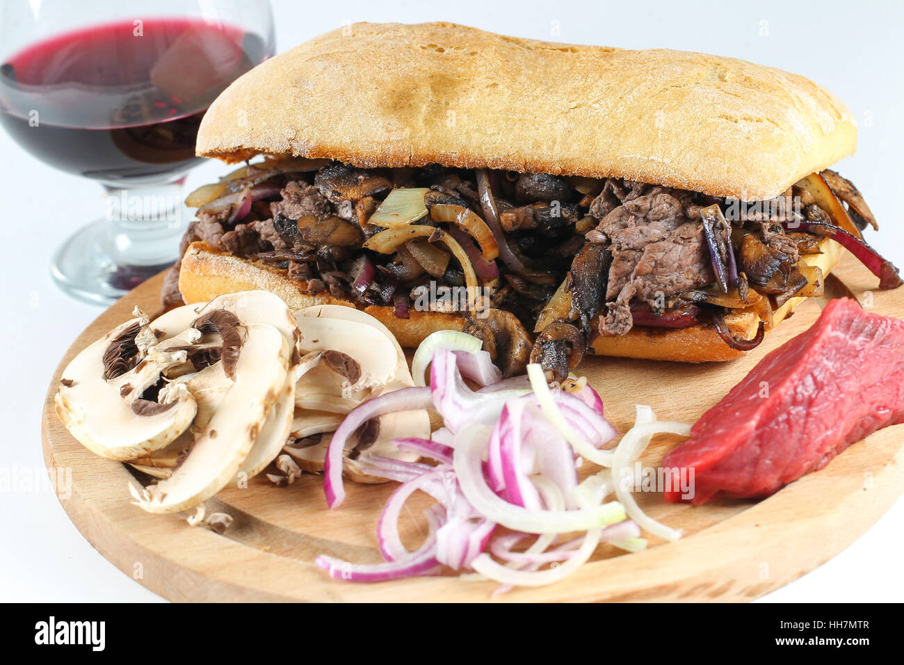 Tasty beef steak onion mushroom sandwich in a ciabatta Stock Photo - Alamy