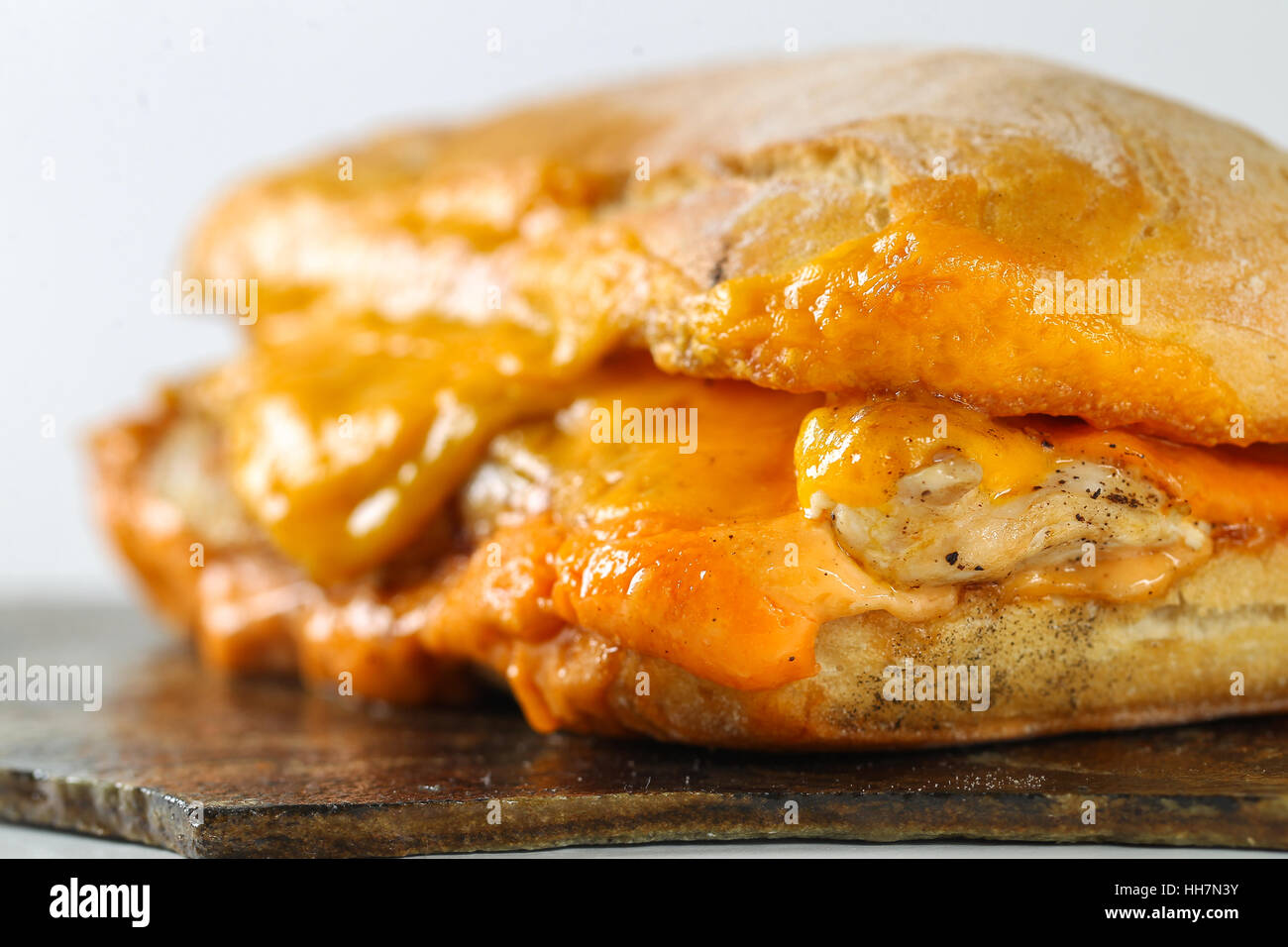 Tasty chicken steak sandwich in a ciabatta with cheddar cheese and ...