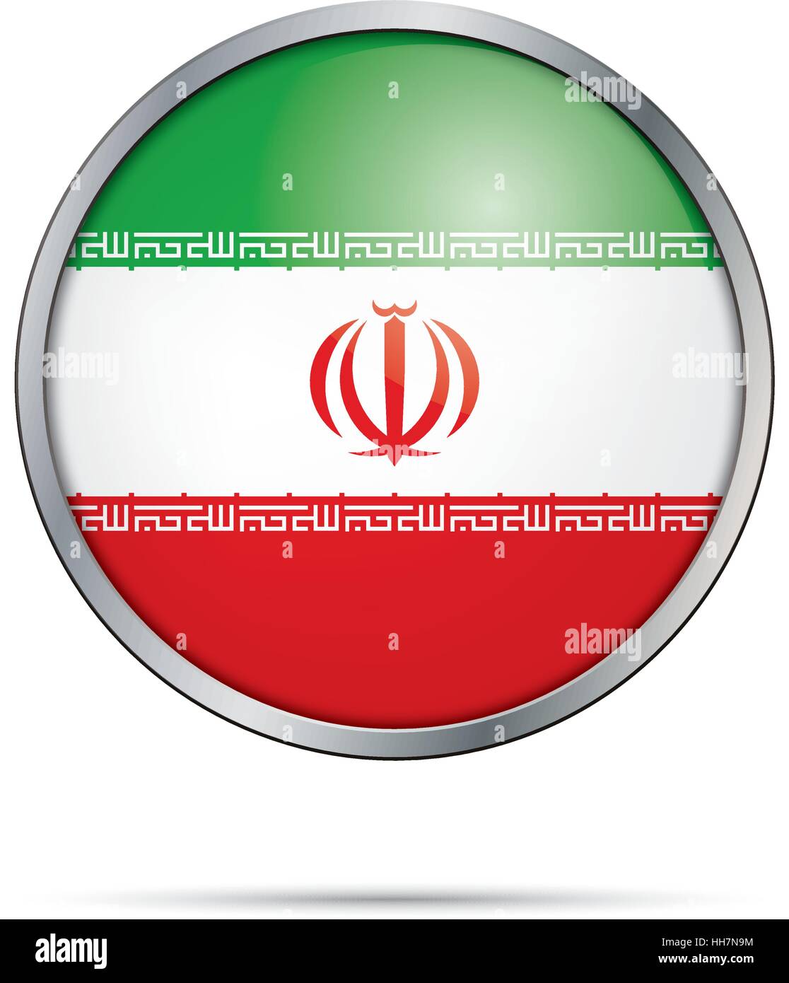 Vector Iranian flag button. Iran flag glass button style with metal ...