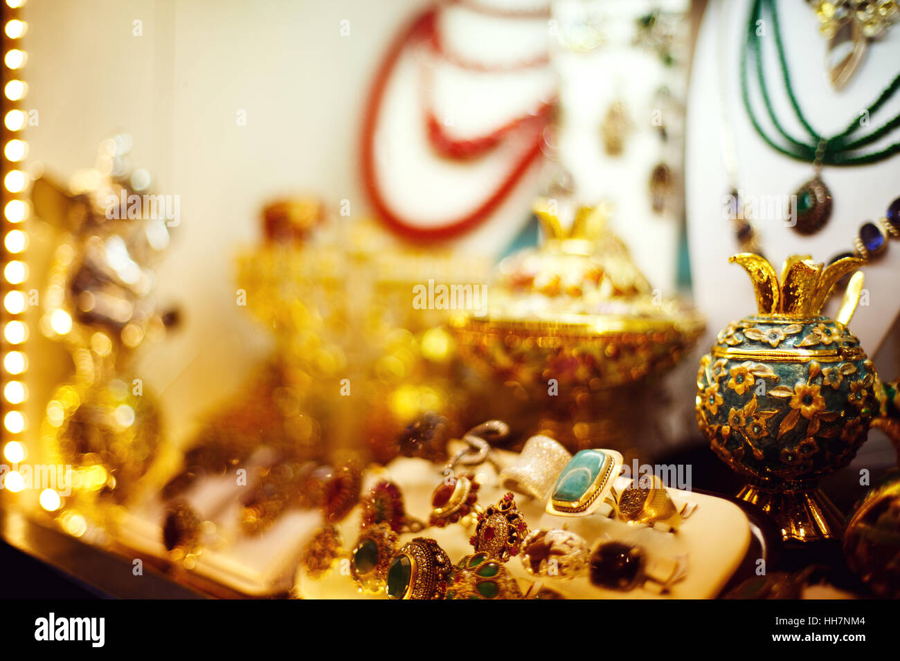 Eastern jewelry market with rings, necklaces and traditional souvenirs ...