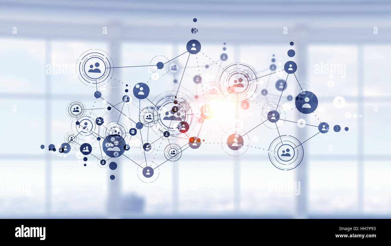 Office interior and social connection lines as networking concept ...