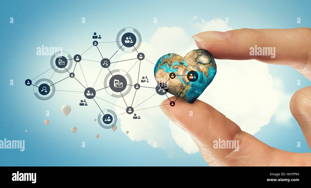 Female hand holding Earth planet presenting connection technologies ...