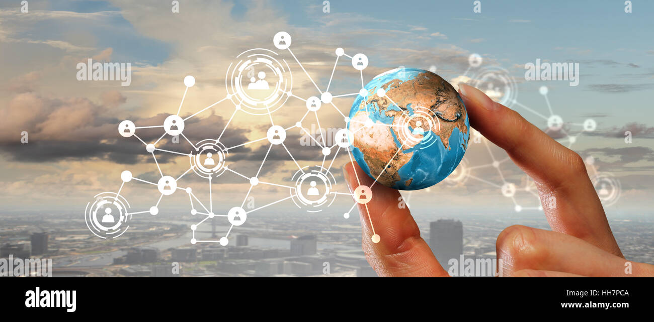 Female hand holding Earth planet presenting connection technologies ...