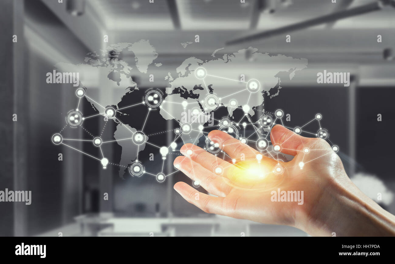 Woman hand showing in palm digital connection concept. 3D rendering ...