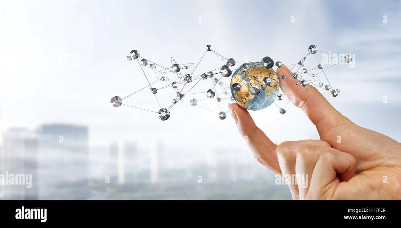 Female hand holding Earth planet presenting connection technologies ...