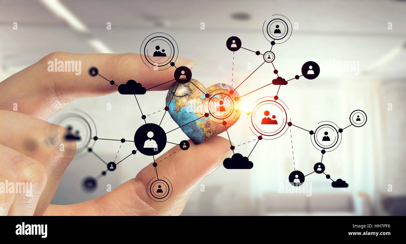 Female hand holding Earth planet presenting connection technologies ...