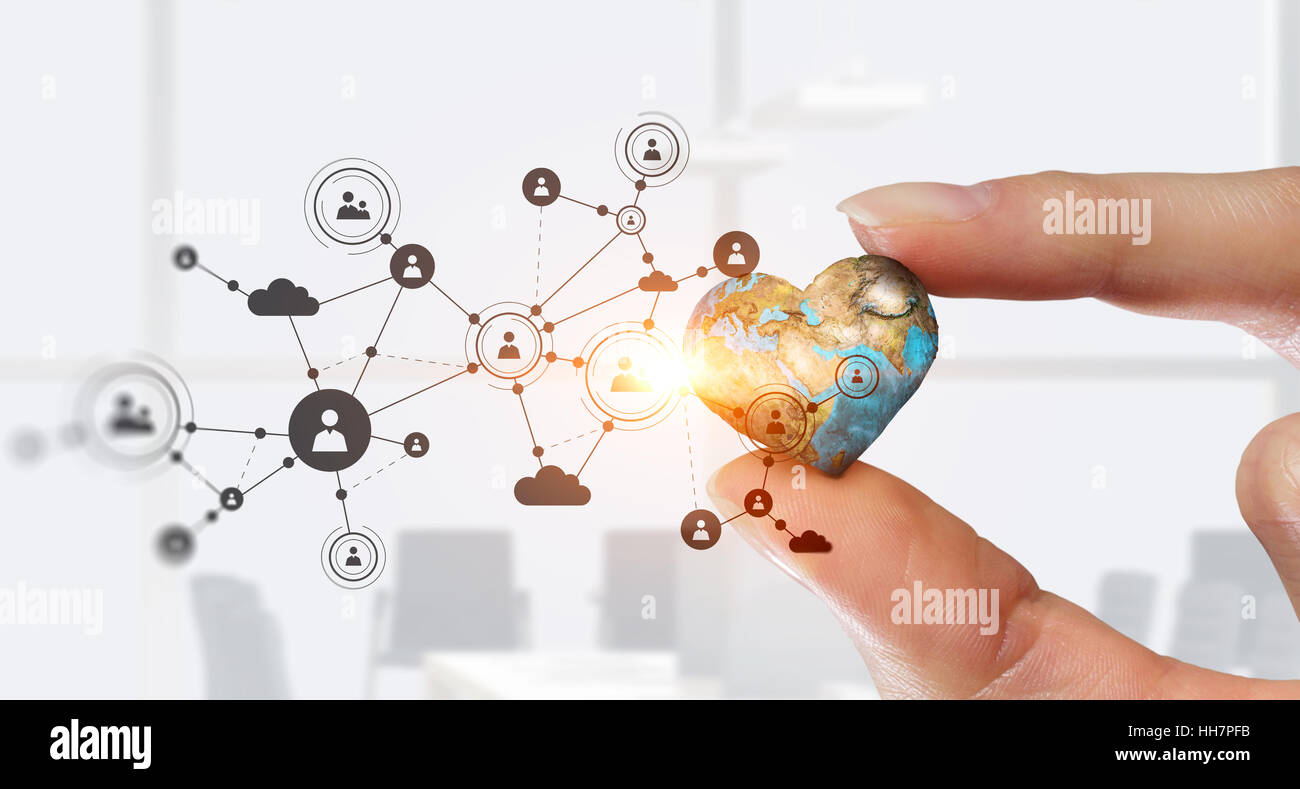 Female hand holding Earth planet presenting connection technologies ...