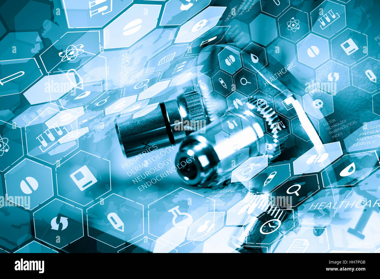 Close of laboratory microscope against media user interface Stock Photo ...