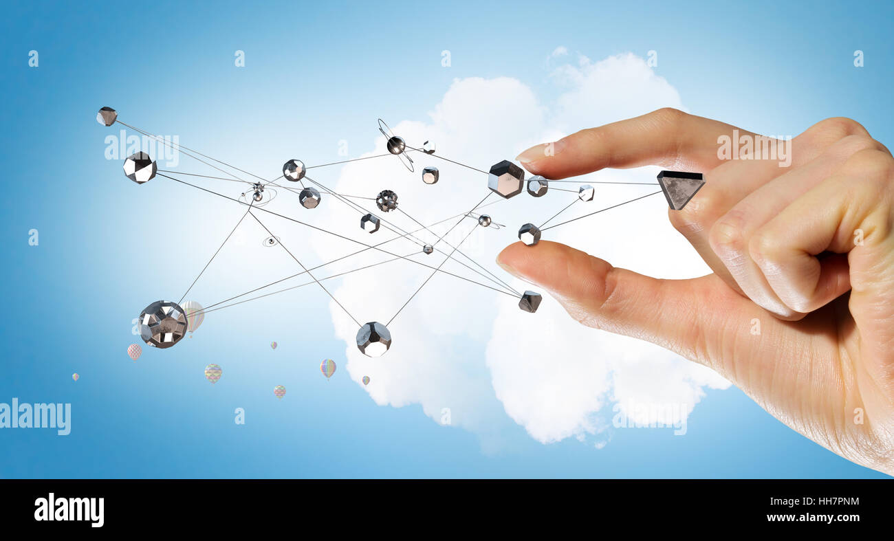 Businesswoman hand demonstrating digital connection lines in palm. 3D ...