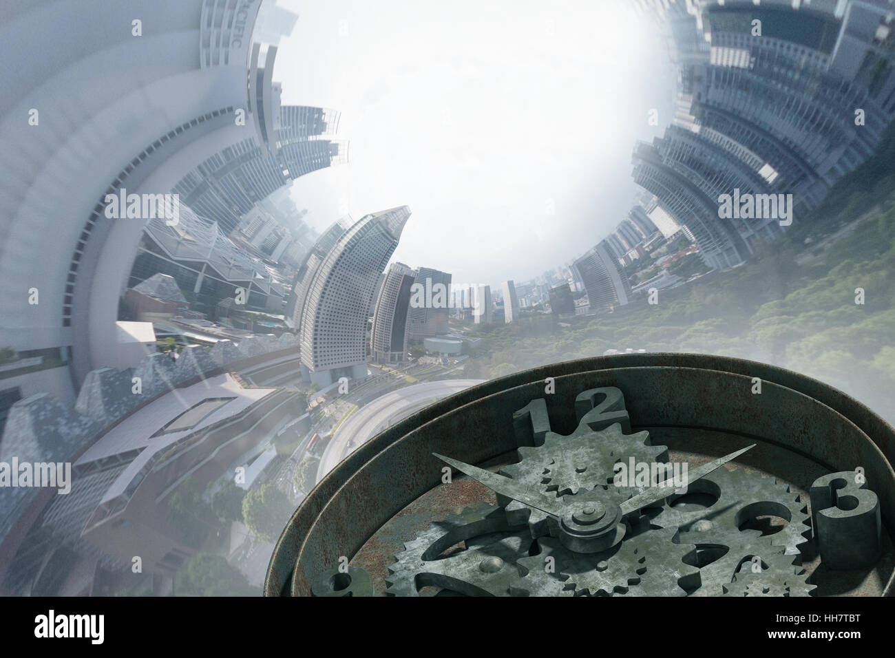 Time concept image with old clock mechanism against nature background ...