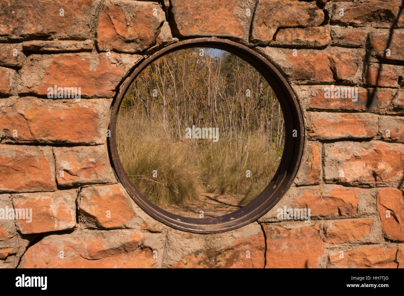 Looking through a brick wall circle window into a forest Stock Photo ...