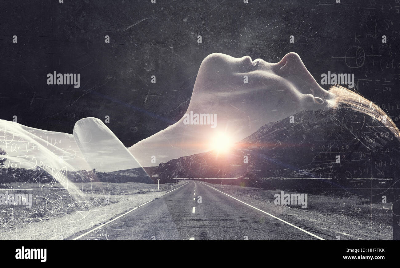 Double exposure portrait of little girl and asphalt road Stock Photo ...